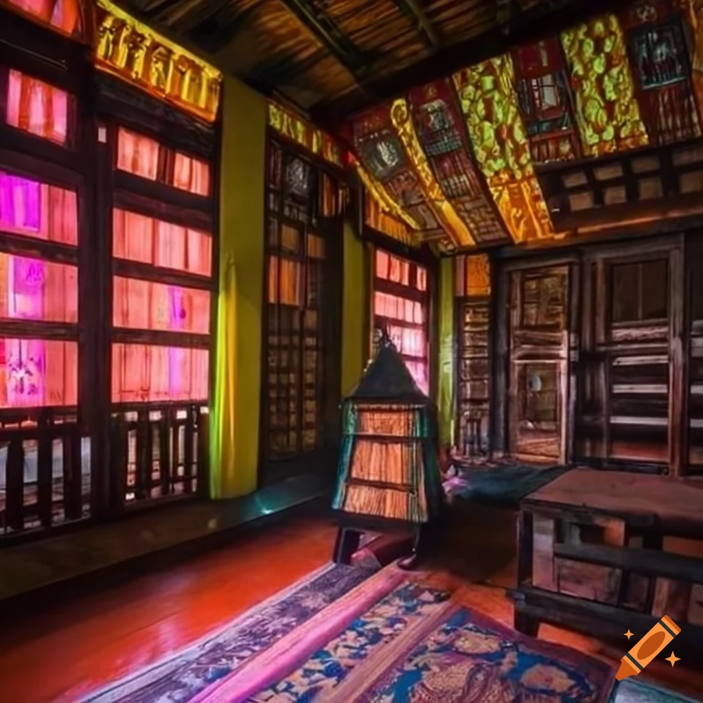 Interior of a traditional Malay house with a cyberpunk vibe on Craiyon