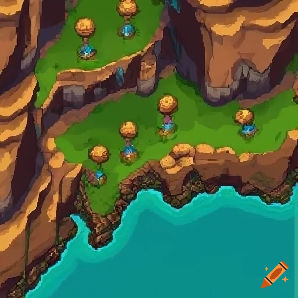 2d art of a cliffside field with crystal clear water on a sunny day on ...