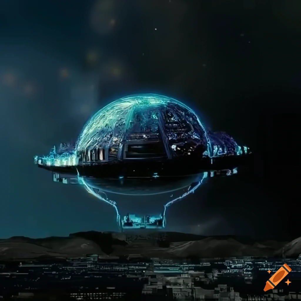 Surrealist alien's spaceship machine in front of computer windows on ...