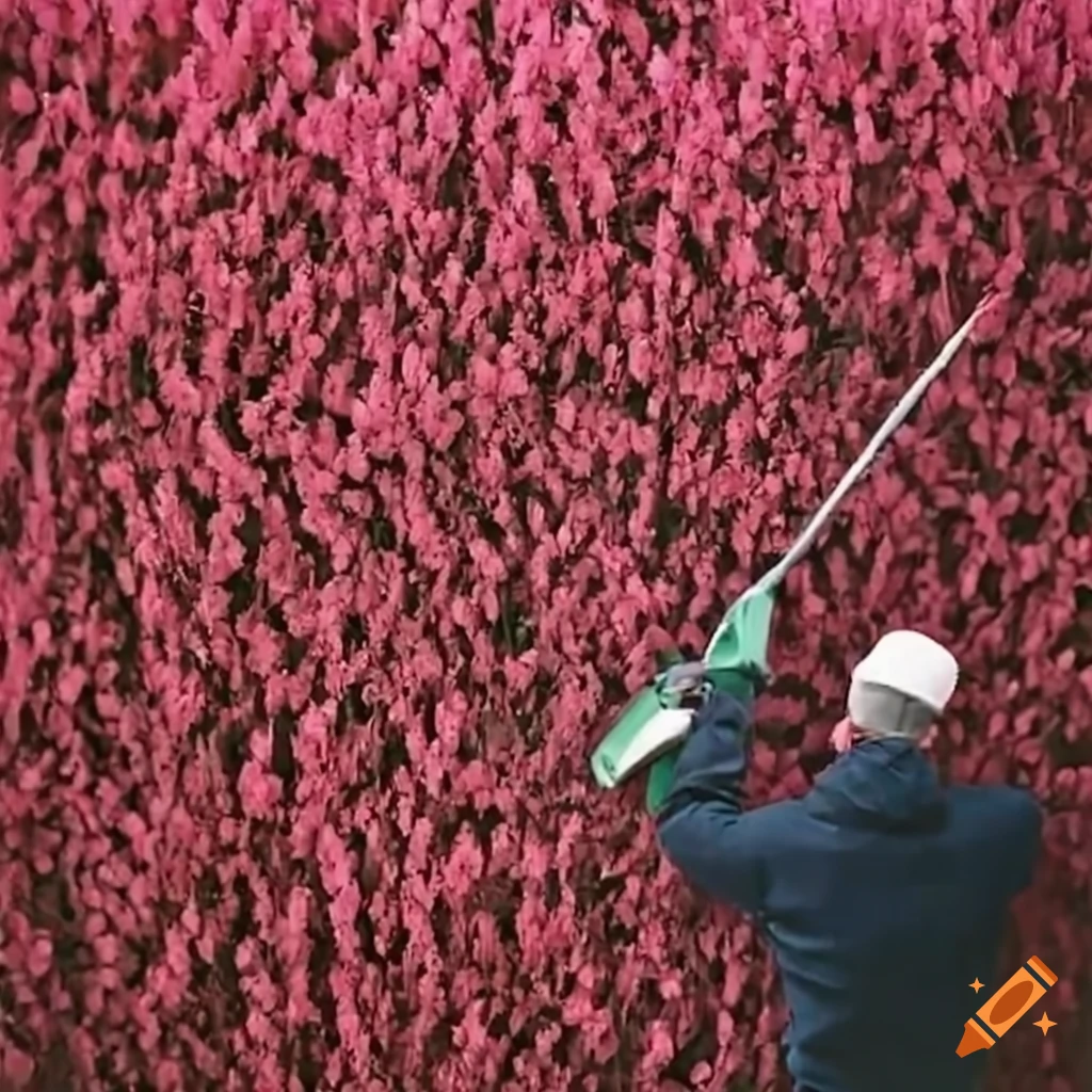 Gardener trimming a pink hedge on Craiyon