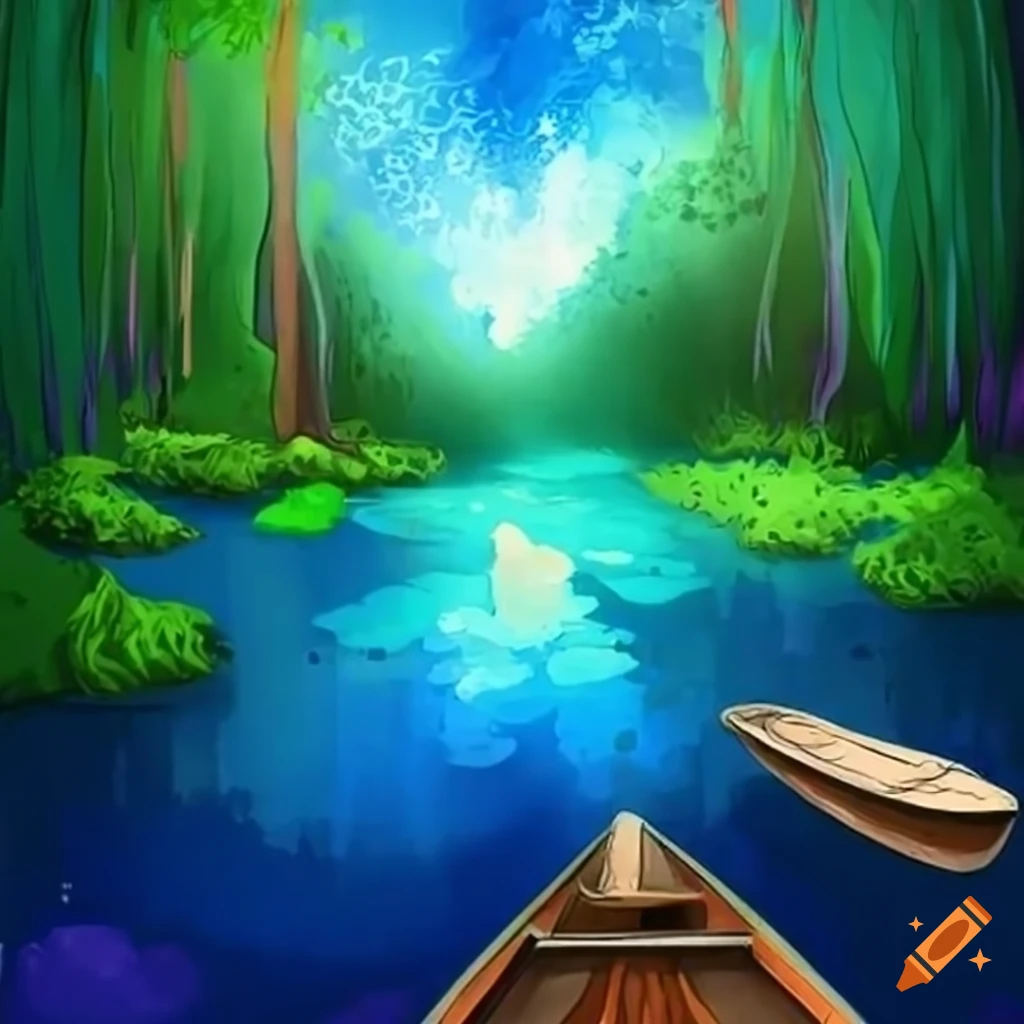 Enchanted river with a boat under a bright sun on Craiyon