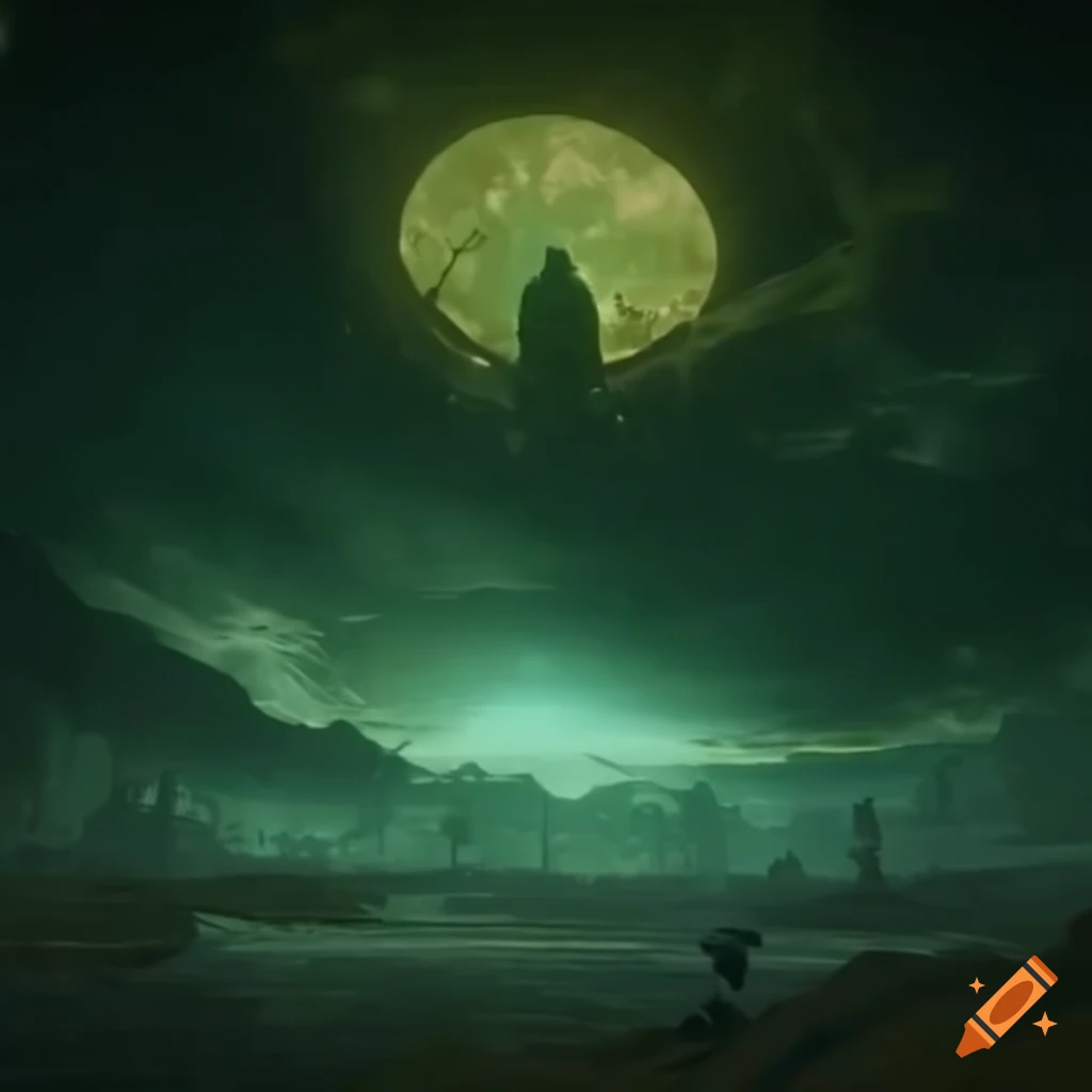 Green outer god gazing at the sky in elden ring on Craiyon