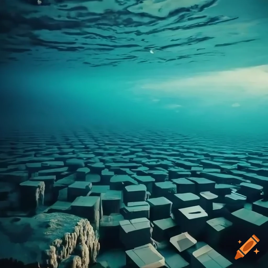 Surreal underwater landscape with caverns and floating cubes on Craiyon