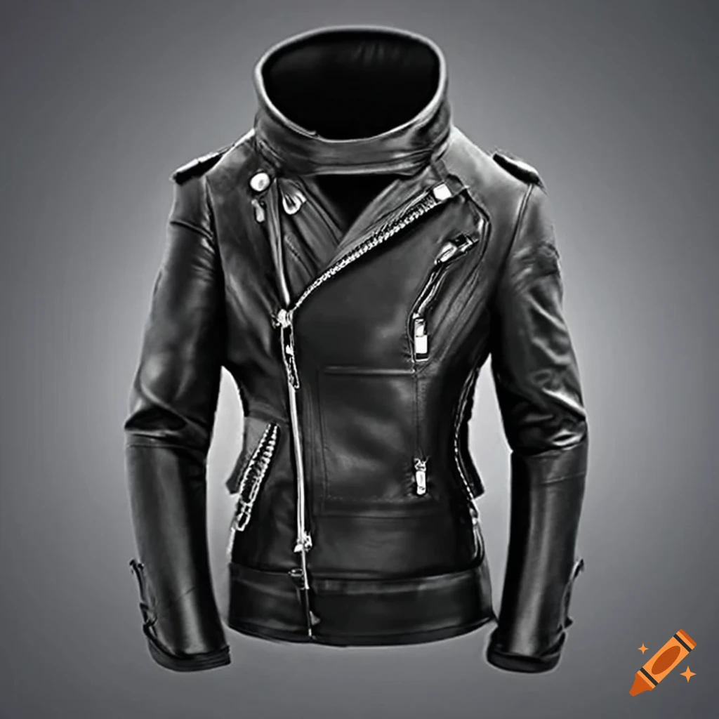 Men's black round collar casual biker leather jacket front and back ...