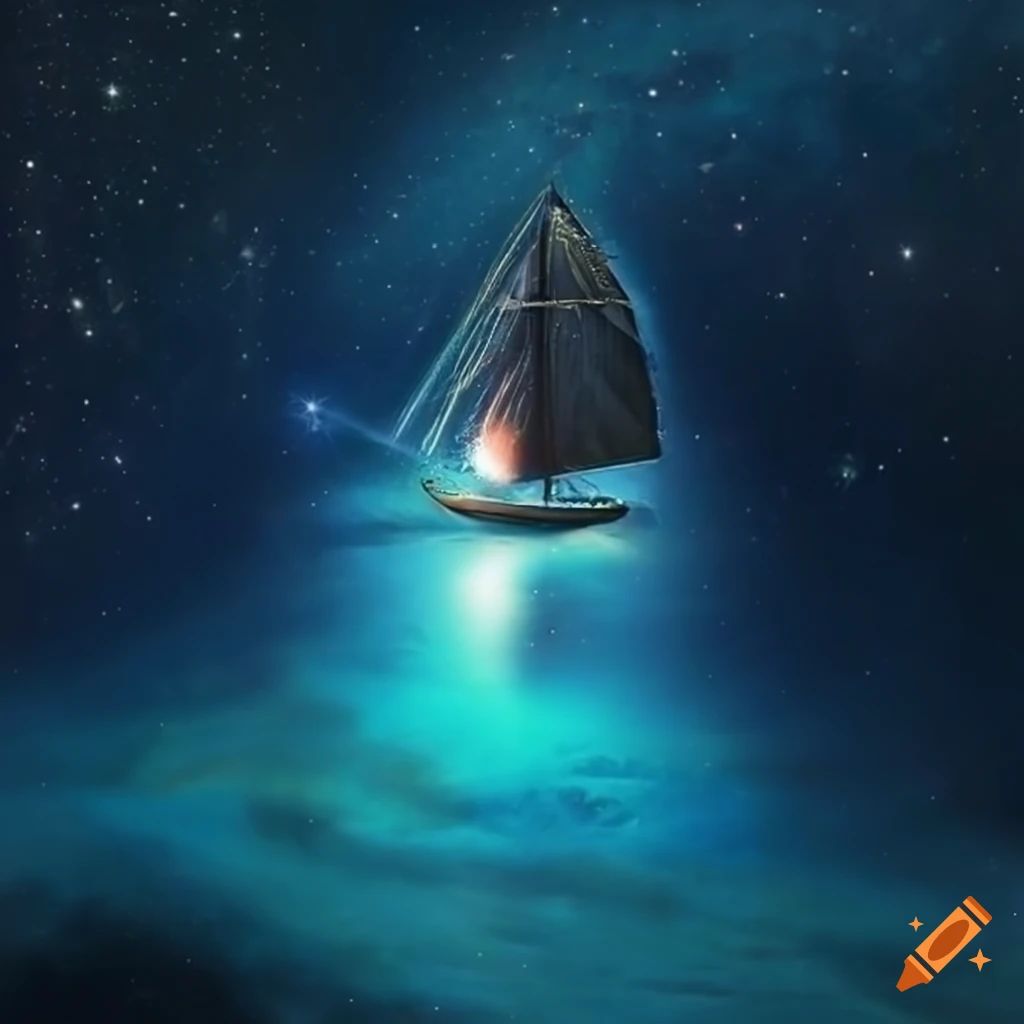 Sailing vessel in space with stars and planets in a surrealistic ...
