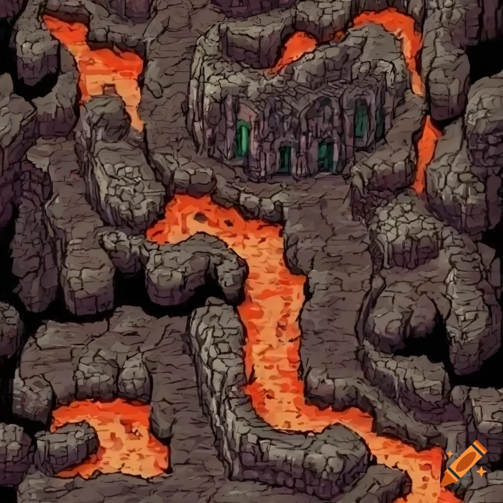 Top down view of path by lava river and castle ruins in rpg maker style on Craiyon