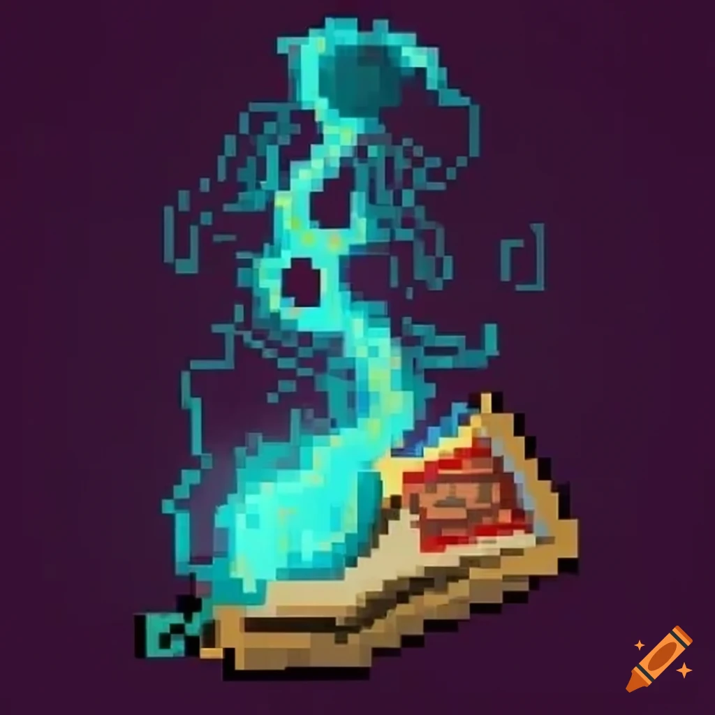 Pixel art of a falling spell book on Craiyon