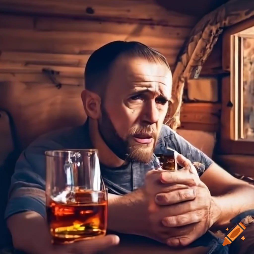 Man feeling disappointed while drinking whiskey in a cabin on Craiyon
