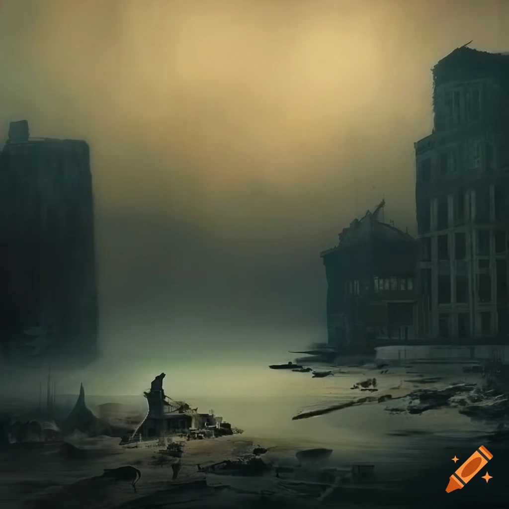 Hyper-realistic photograph of post-apocalyptic desolate land with ruins ...