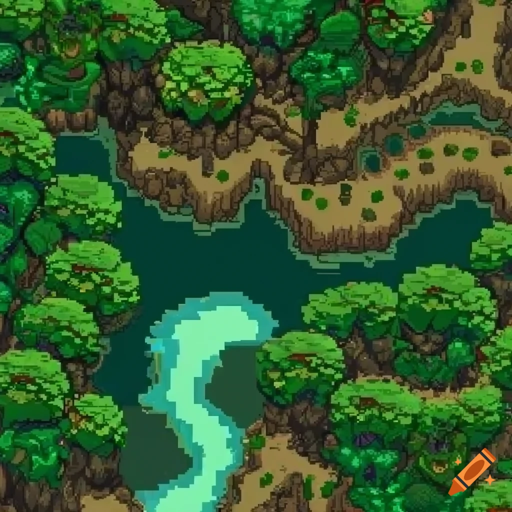 Top-down 2d pixel art of a jungle river on a sunny day on Craiyon
