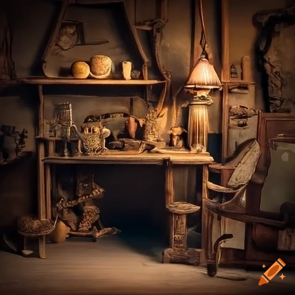Small old archaeologist's room with magical artifacts on Craiyon