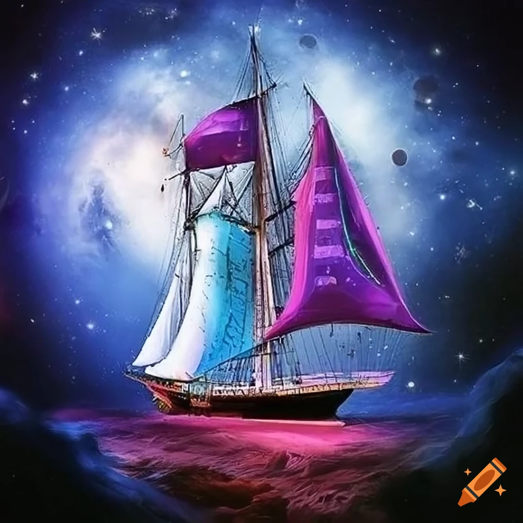 Sailing vessel in space with stars and planets in a surrealistic ...