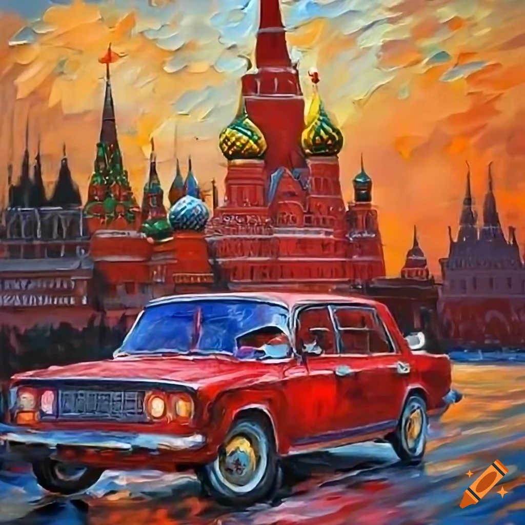 Red Lada 1300 in Moscow with Kremlin and sunny weather on Craiyon