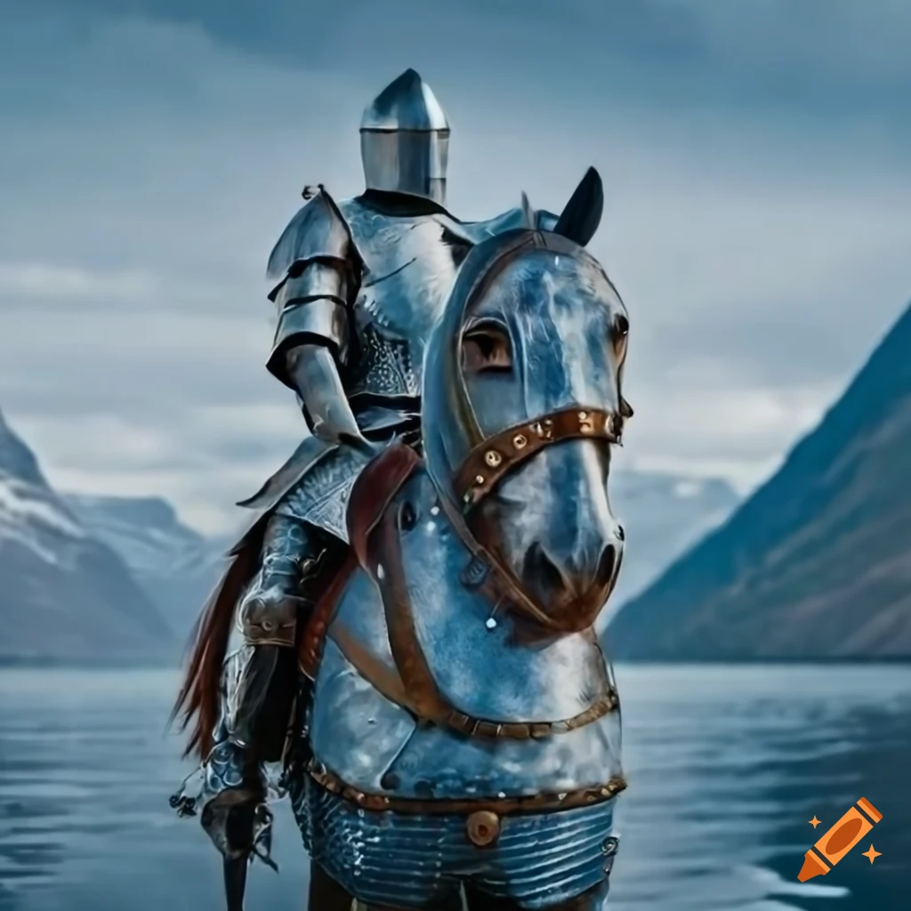 Medieval knight in shiny armor with frost symbols, riding through a ...