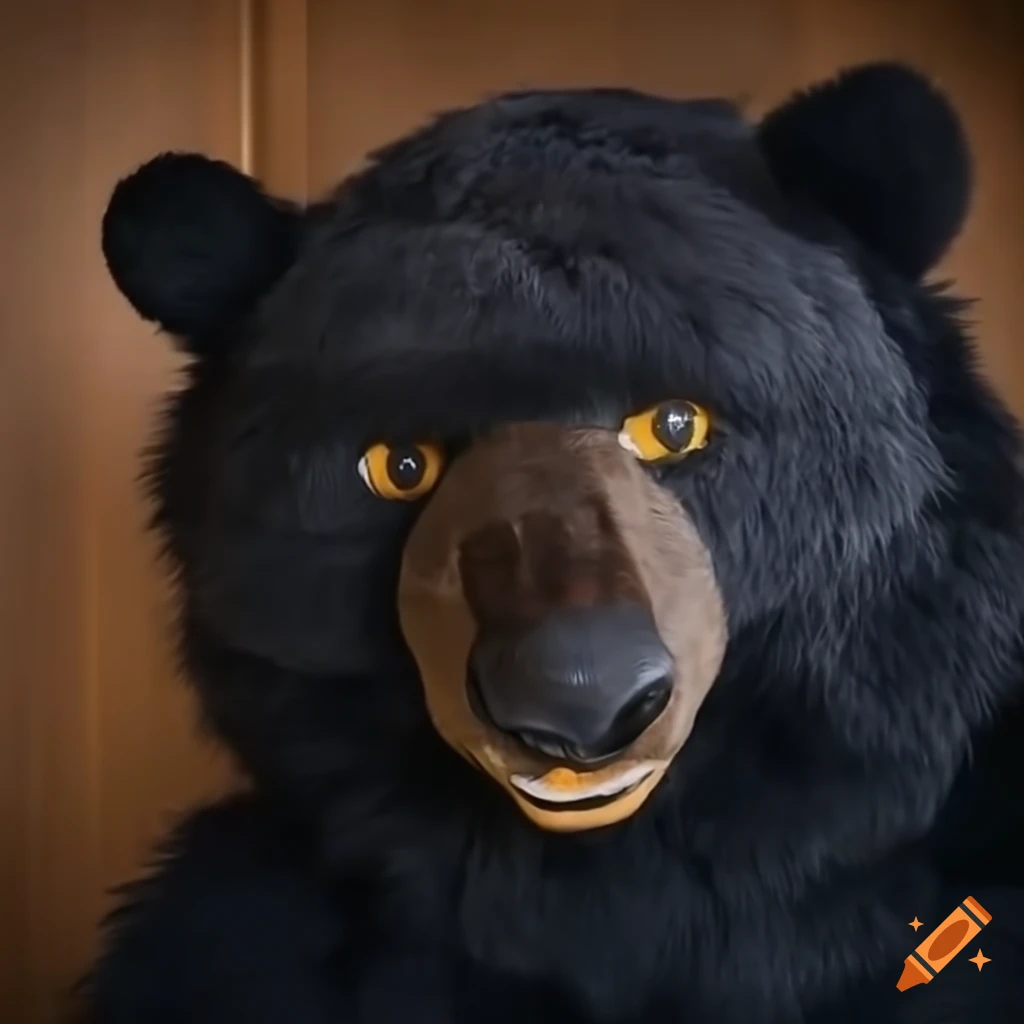 Close-up of dad in realistic black bear fursuit at home on Craiyon