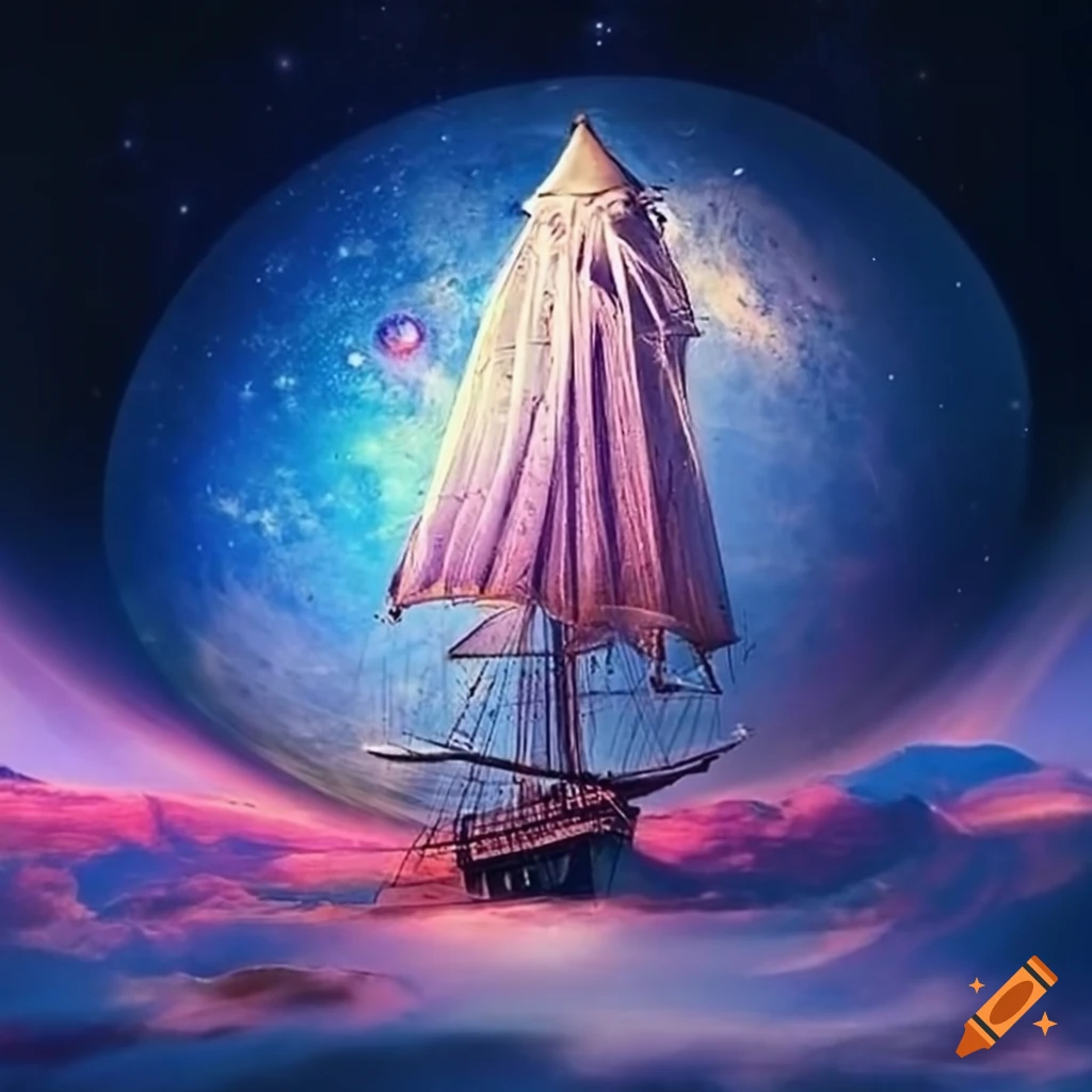 Sailing vessel in space with stars and planets in a surrealistic ...