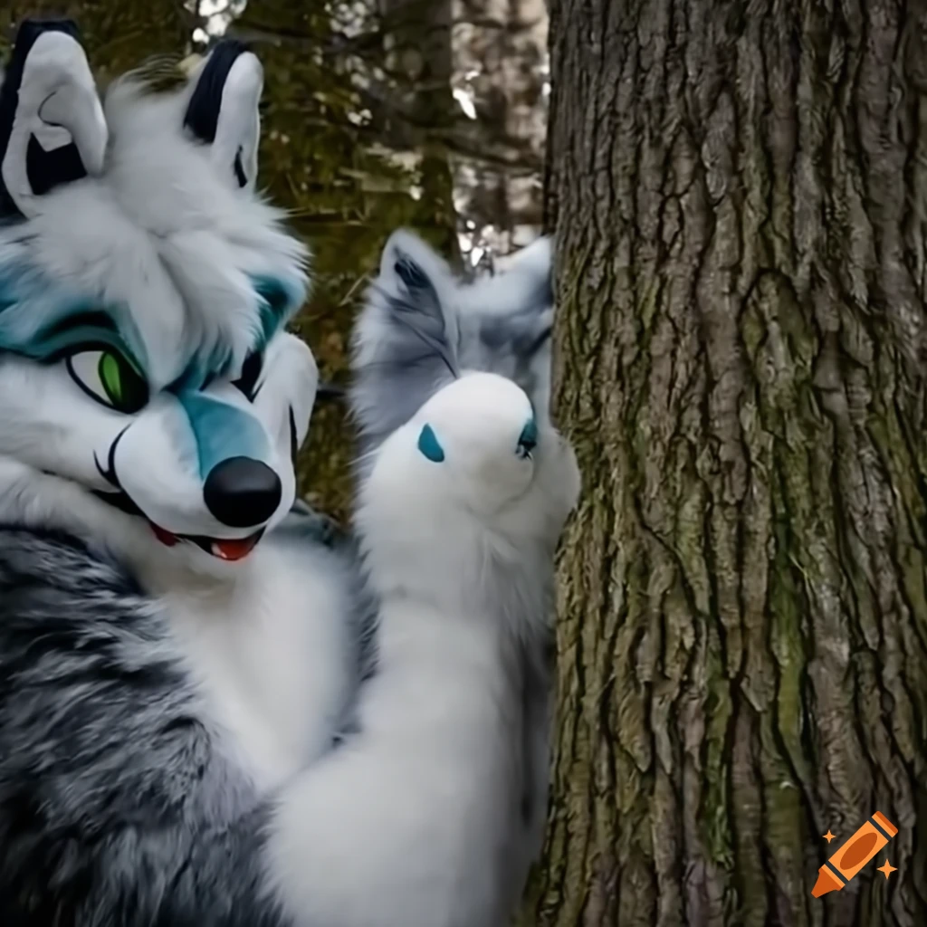 Close up of person in wolf fursuit hugging a tree in the woods on Craiyon
