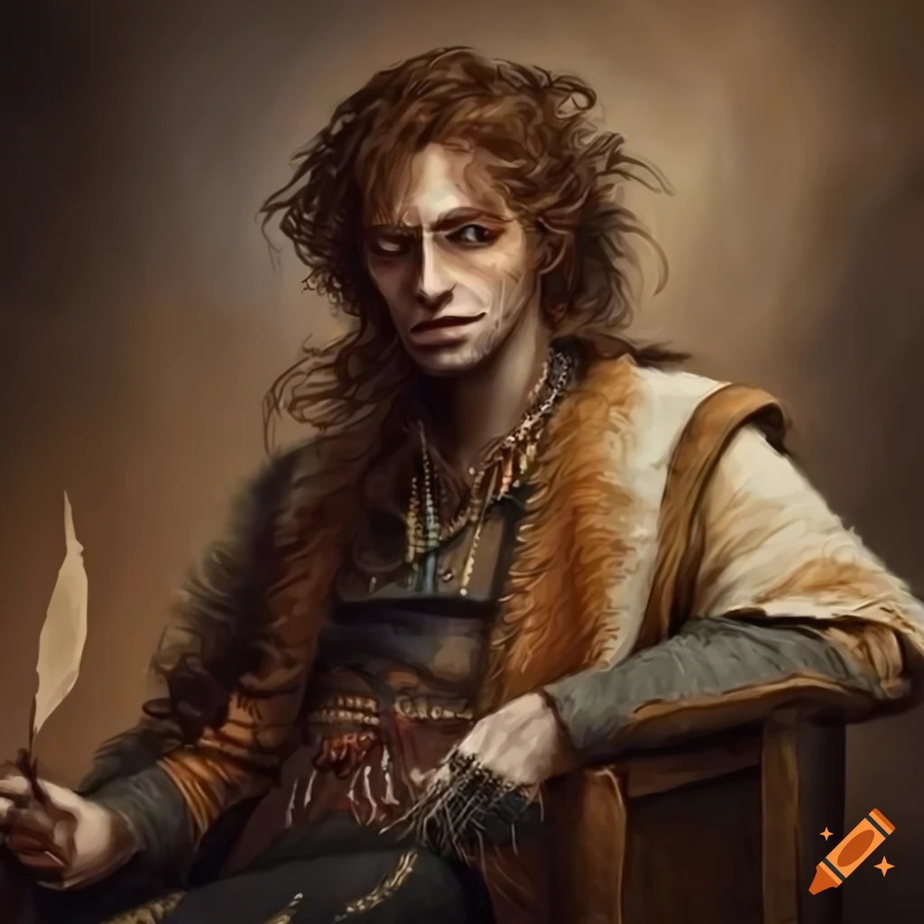 Scruffy male human bard in fancy clothes sitting with parchment and ...