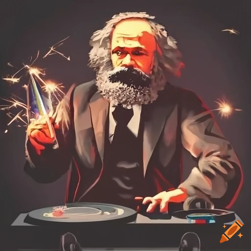 Karl Marx and Lenin doing a DJ set with people dancing at a birthday ...