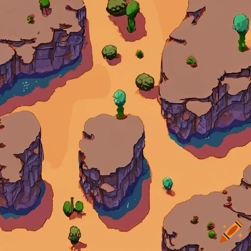 2d art of desert canyon with river, cactus, rocks, and cliffs under a ...