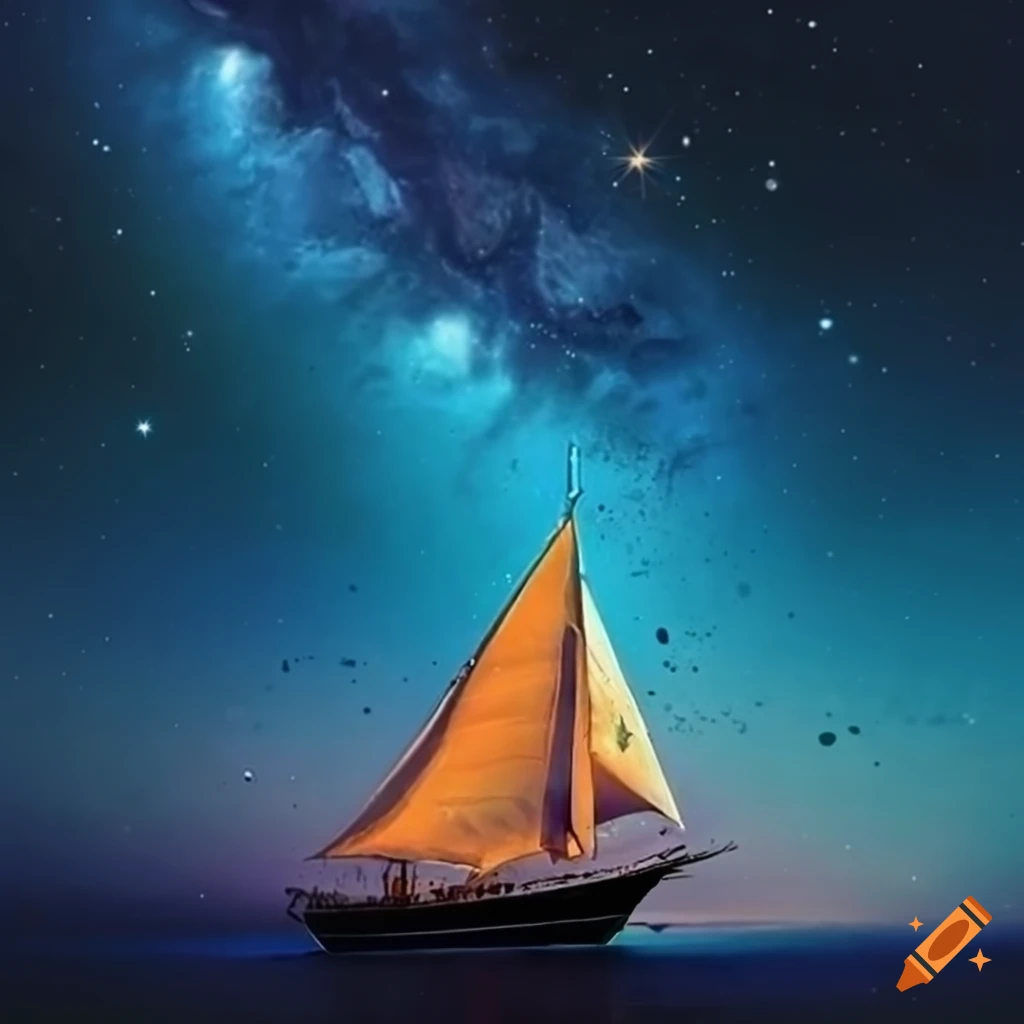 Sailing vessel in space with stars and planets in a surrealistic ...