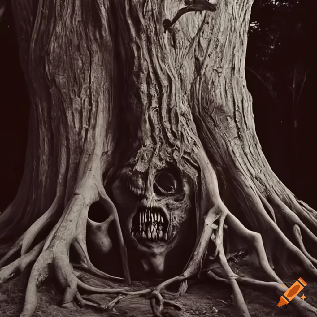 Surreal giant tree with an evil face and opening in the roots, from a ...