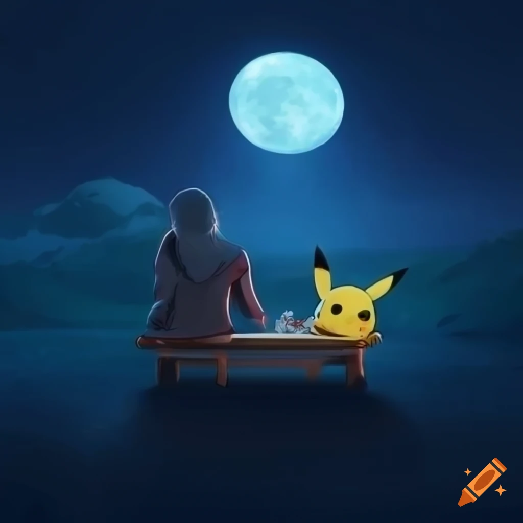 Pikachu tenebre on a bench at night with the moon in the background on ...