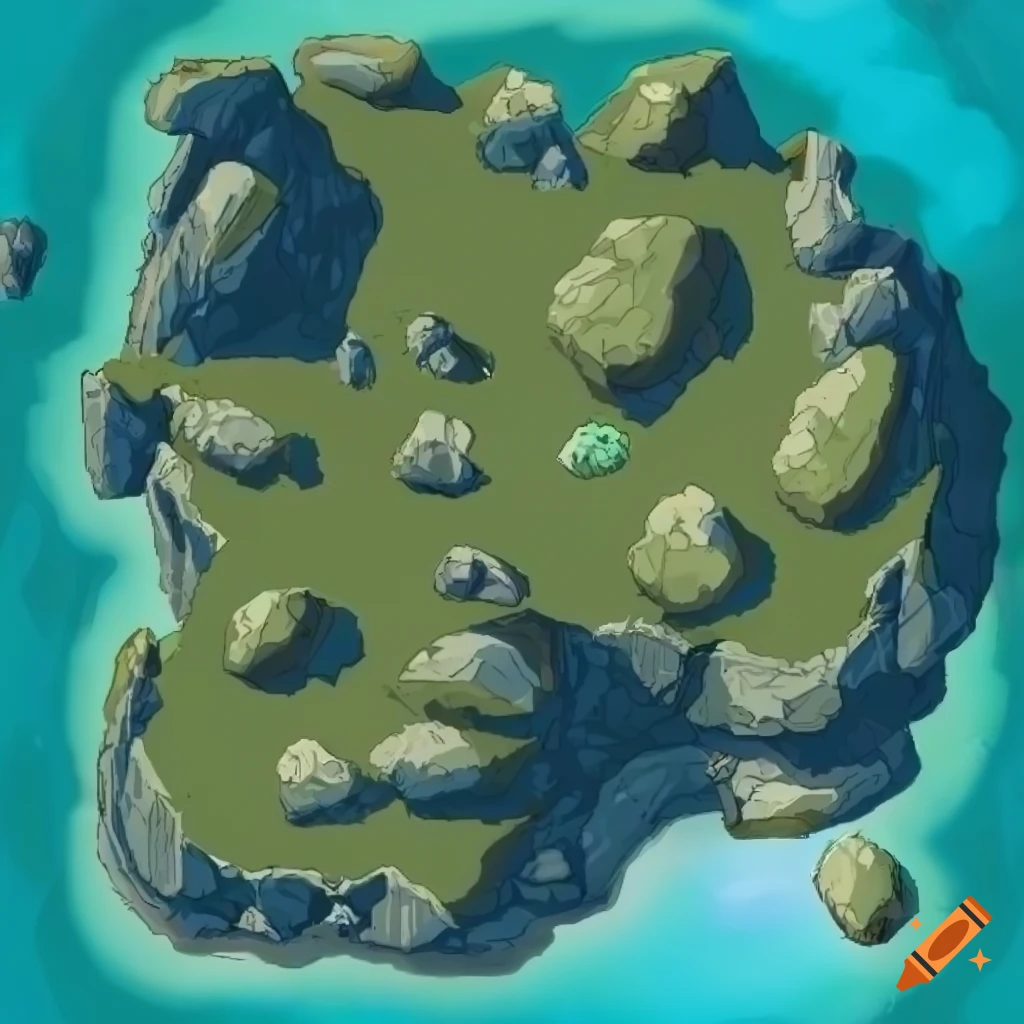 2D art of a cliffside field with crystal clear water on a sunny day on ...