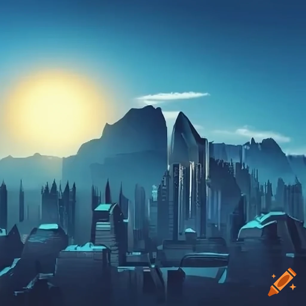 Sunny mountain overlooking a future cityscape on Craiyon