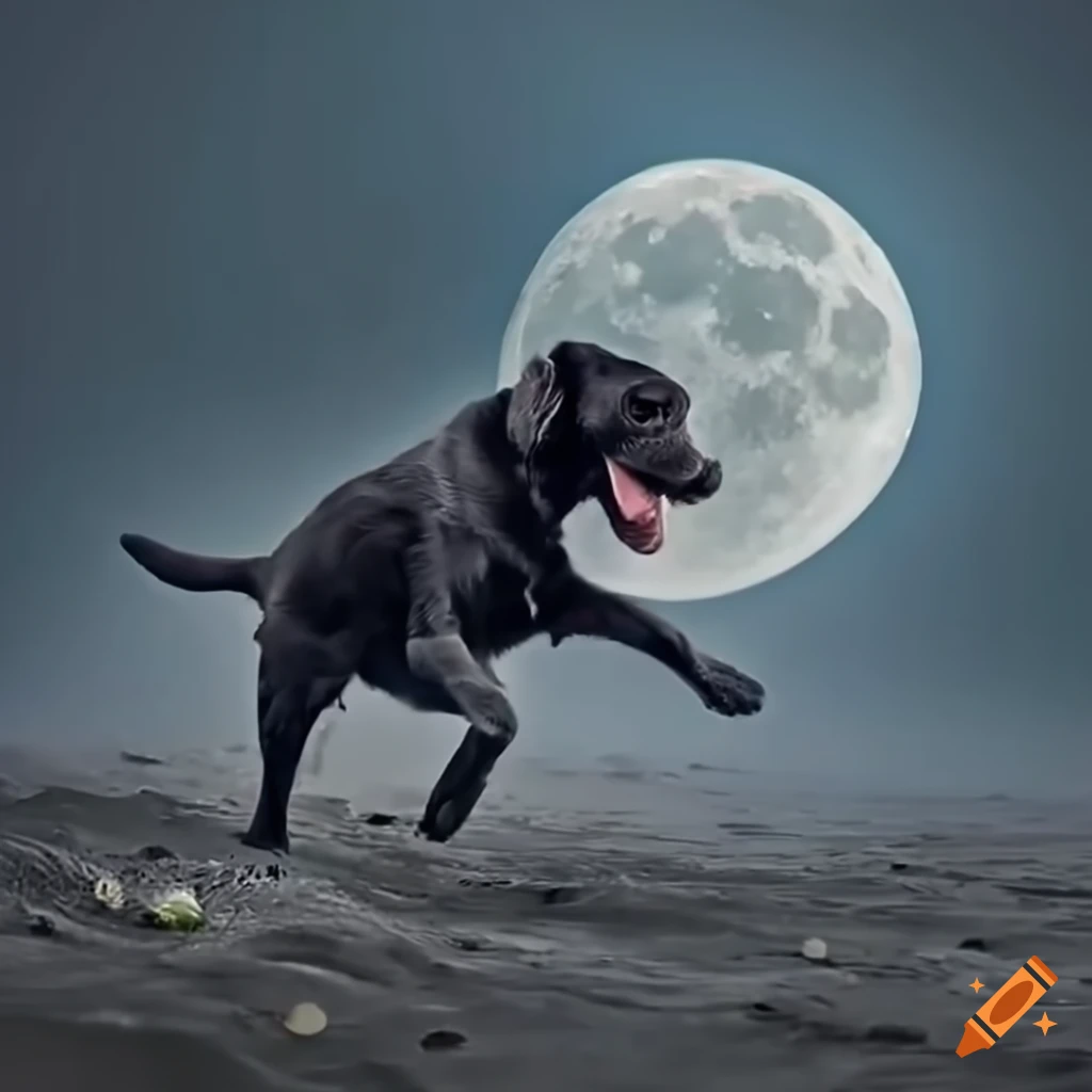 Black labrador retriever chasing a ball on the moon in a realistic ...