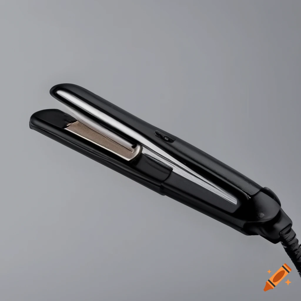 Sleek black flat iron with stylish white accents on light grey ...