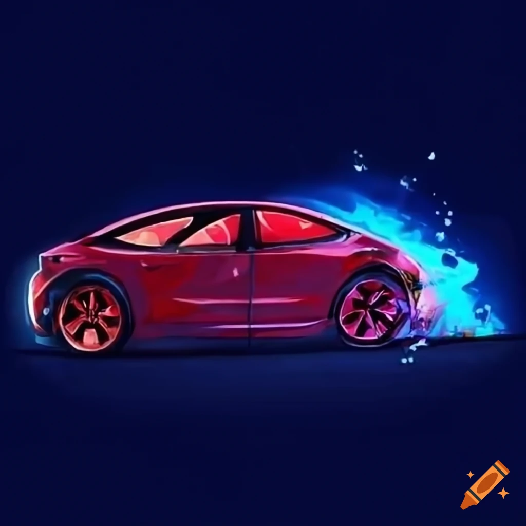 Modern color drawing of a tesla in a car crash on Craiyon