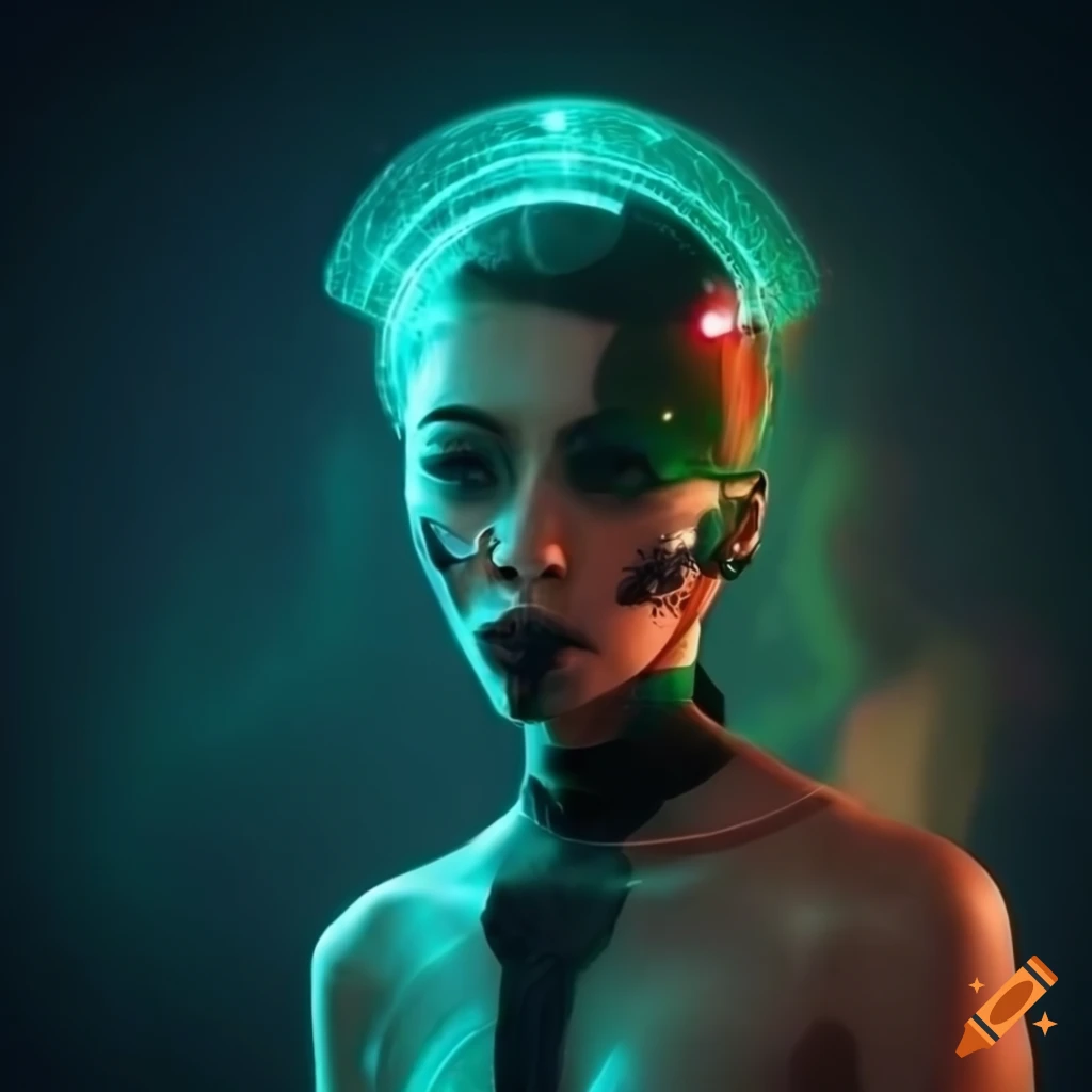 Digital illustration of family in futuristic biopunk outfits surrounded ...