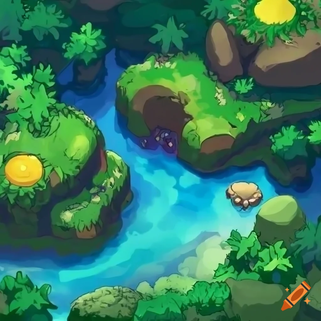 Top down view 2d art of sunny pokemon region in a jungle with giant rocks on Craiyon