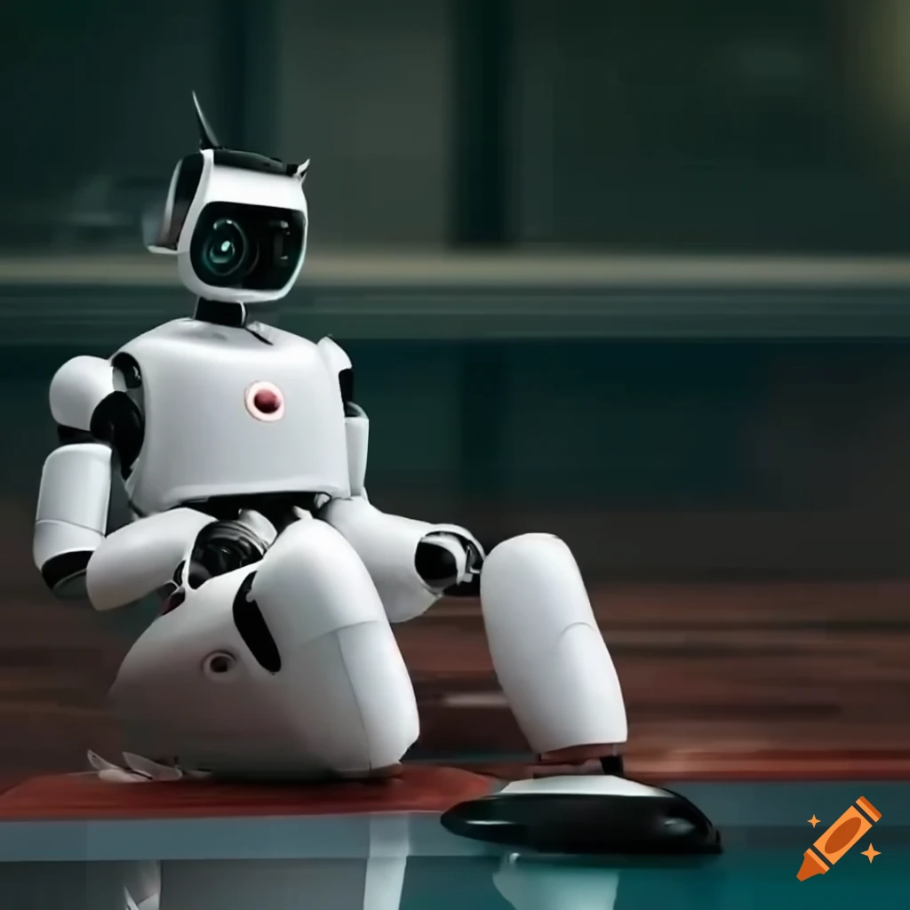 Humanoid robot talking to a robot mouse next to a pool on Craiyon