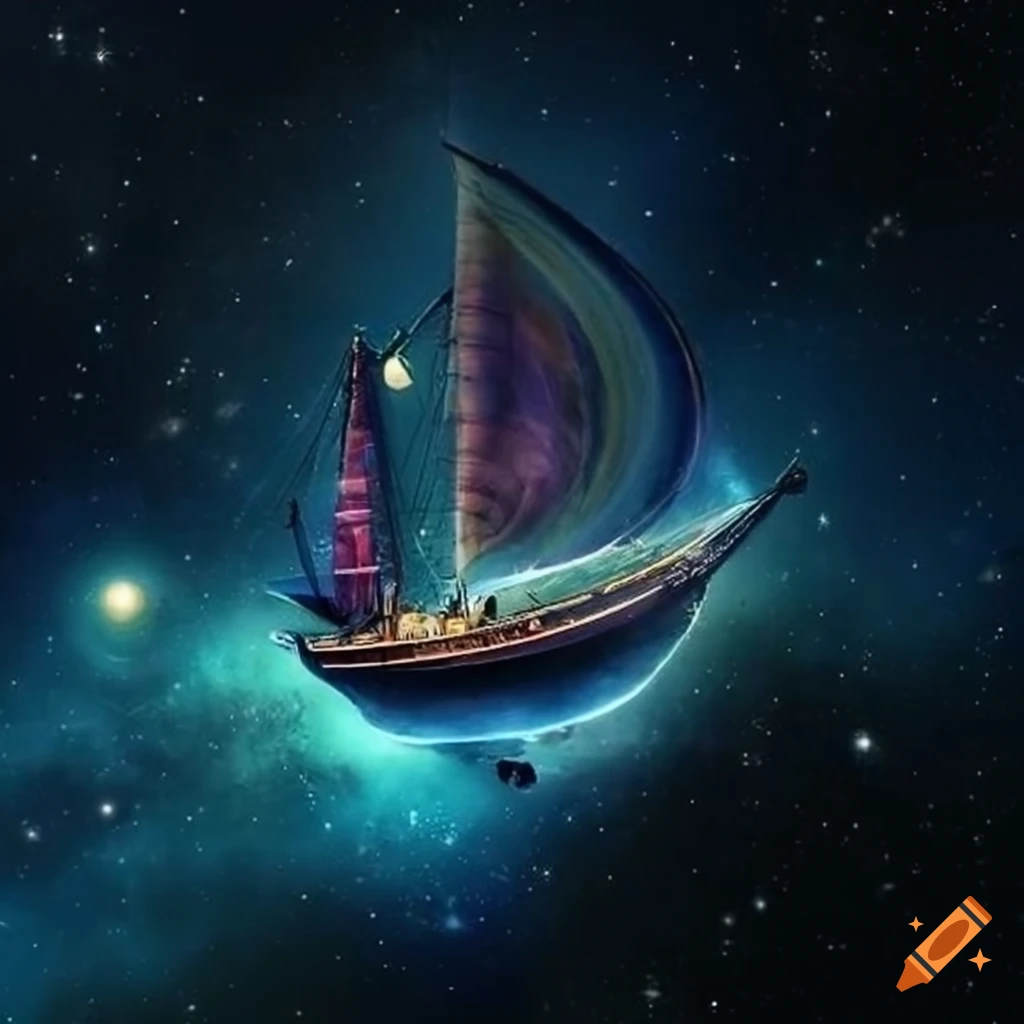 Sailing vessel in space with stars and planets in a surrealistic scene ...