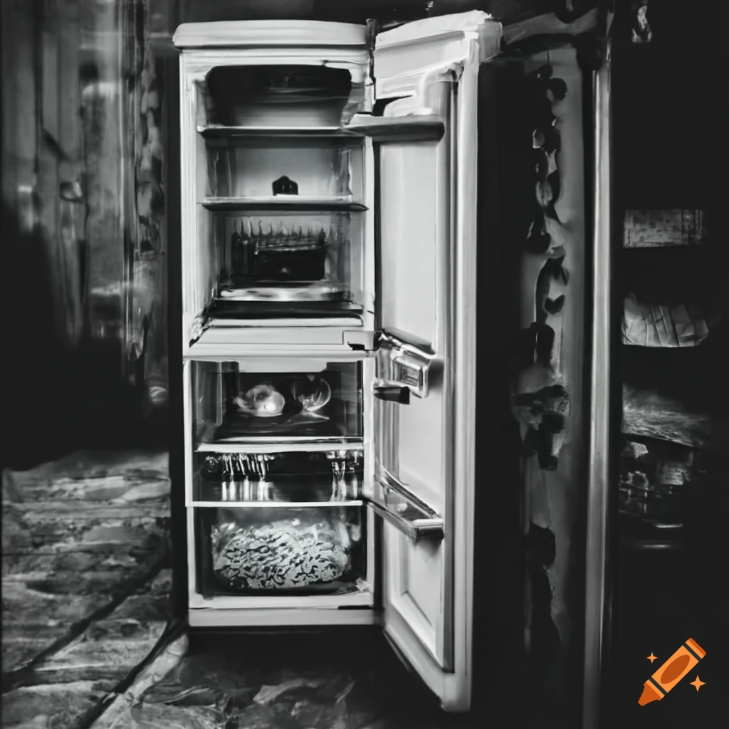 Evil refrigerator in black and white with blue, sinister on Craiyon