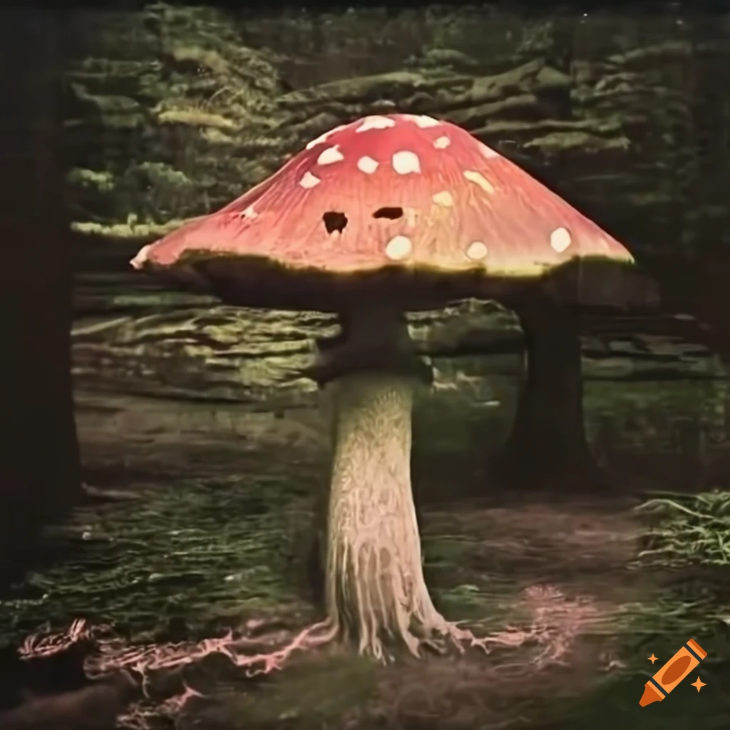 Giant trees and mushrooms in a fairytale glitch with vintage film ...