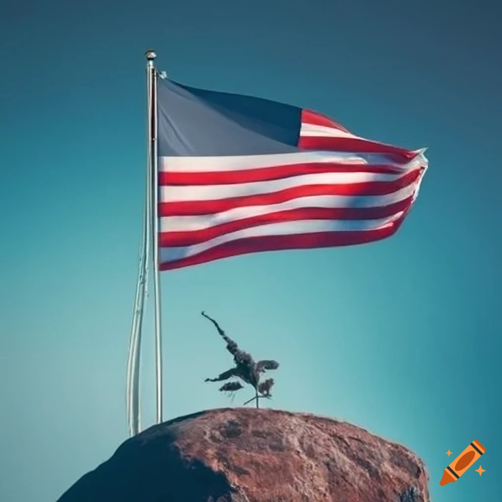Us and us marine flags solidly mounted on a rock in atmospheric weather ...