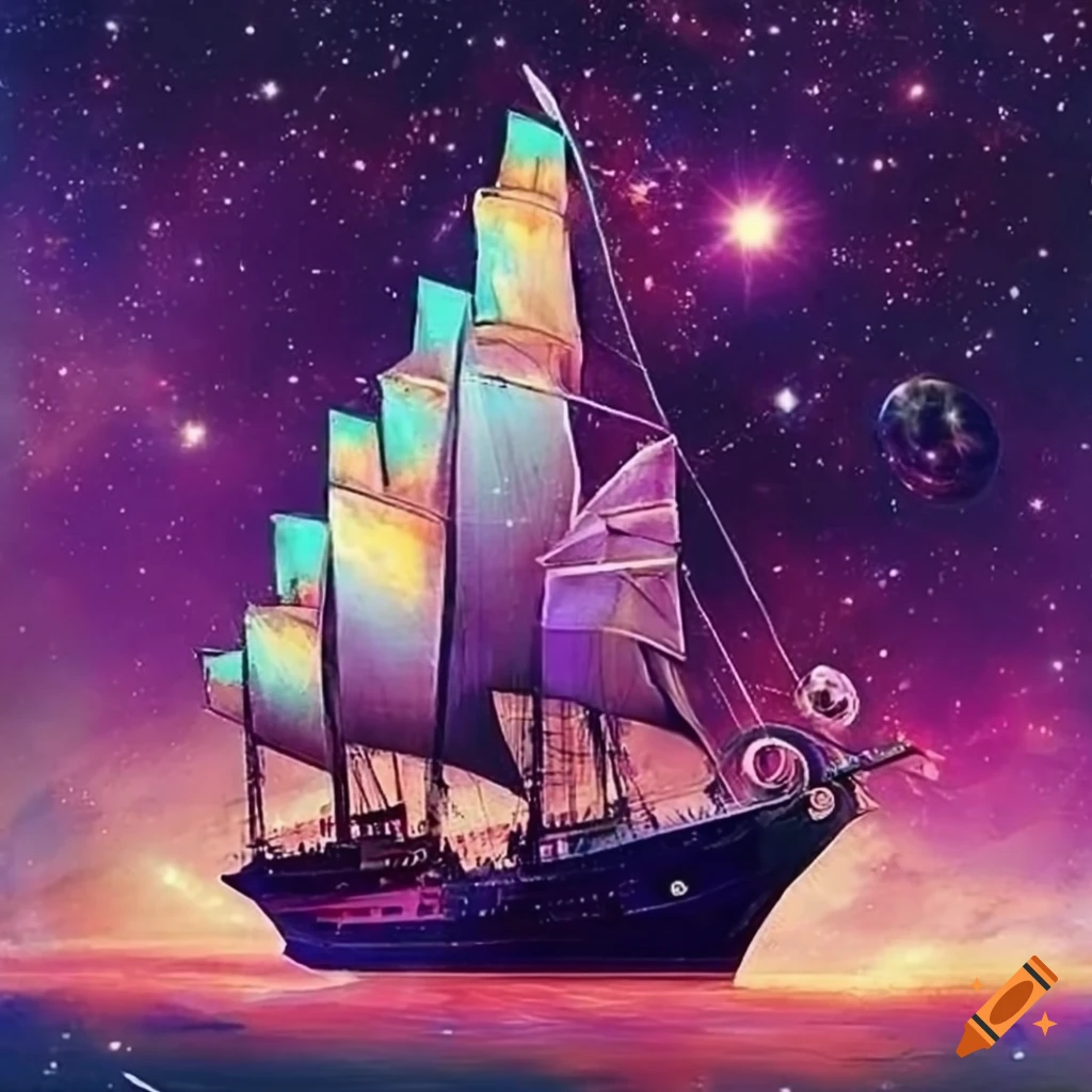 Sailing vessel in space with stars and planets in a surreal scene on Craiyon