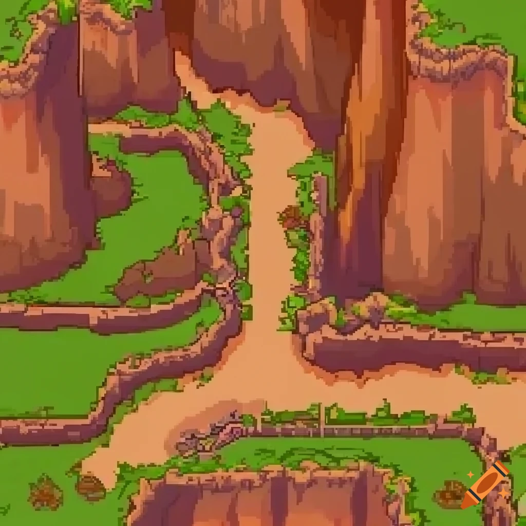 2d pixel art of a path near canyon and river in a sunny day on Craiyon