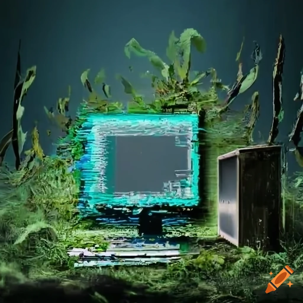 Overgrown pc with a glitched monitor in an abandoned security office on ...