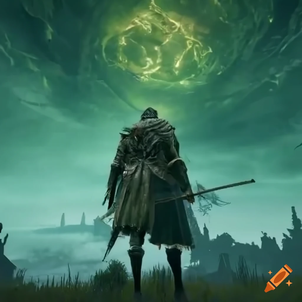 Green outer god gazing at the sky in elden ring on Craiyon