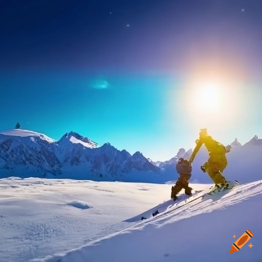 Snowboarder and skier enjoying powder riding in nauders at reschenpass ...