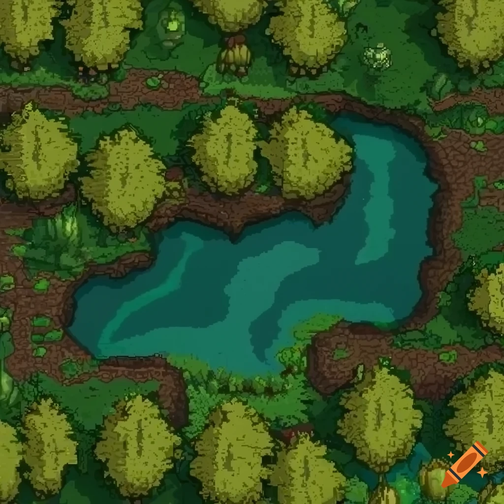 Top down view of a sunny day forest and river in 2D pixel art on Craiyon