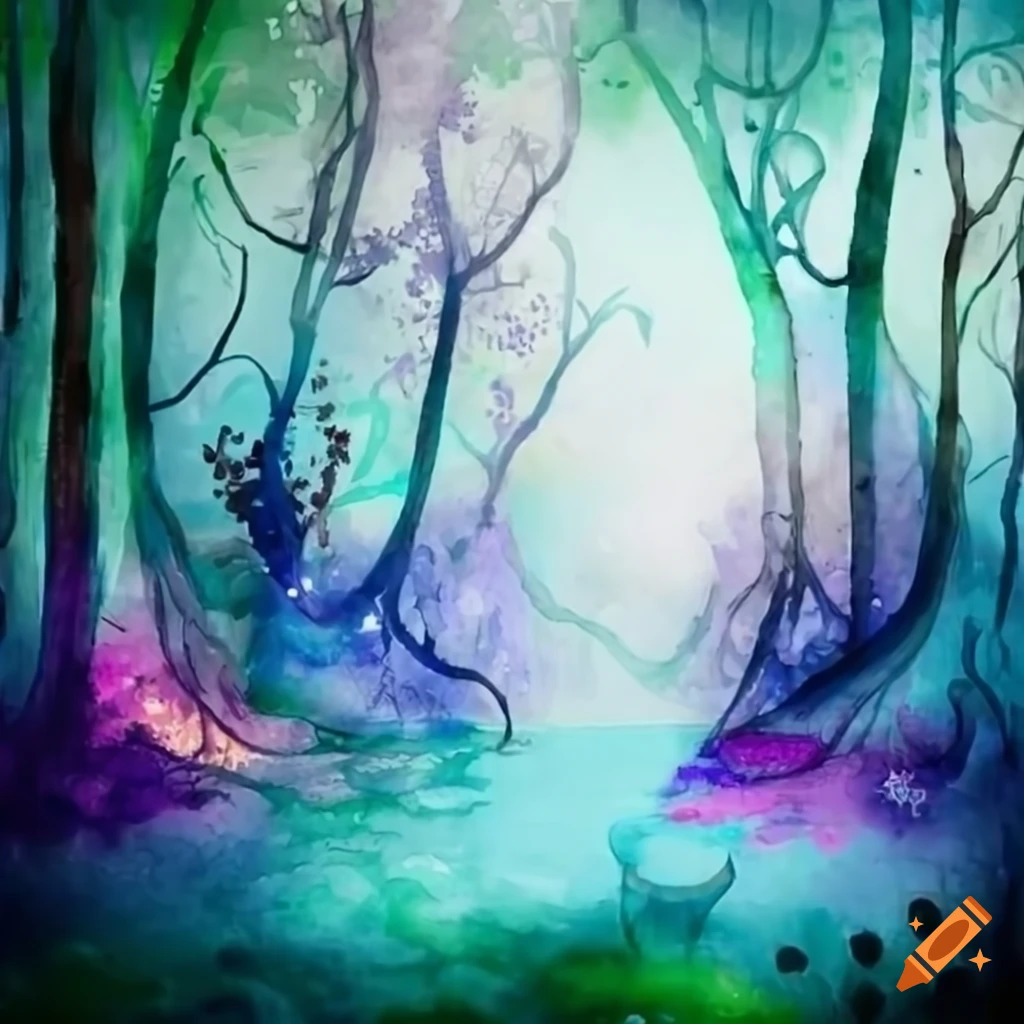Enchanted fairytale forest with mystical watercolor and glowing fairies ...
