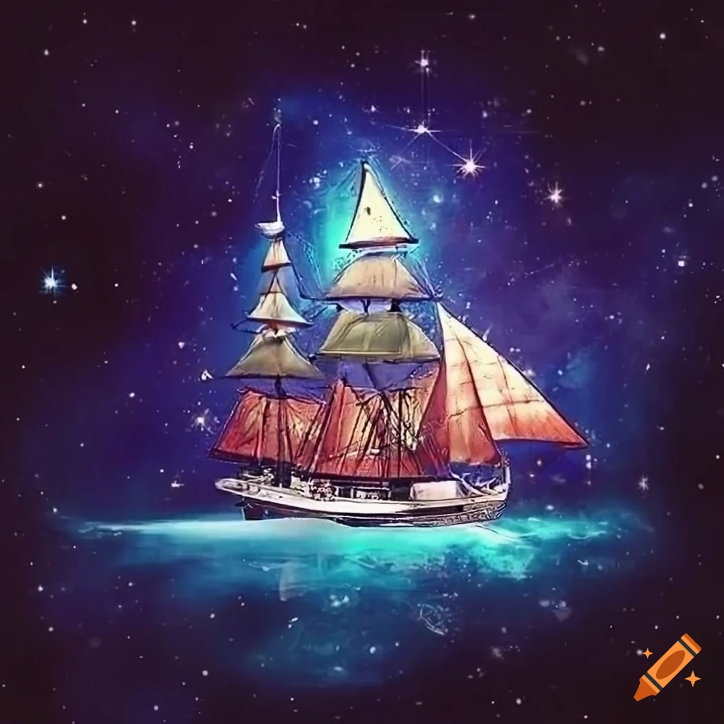 Sailing vessel in space with stars and planets in a surreal scene on ...
