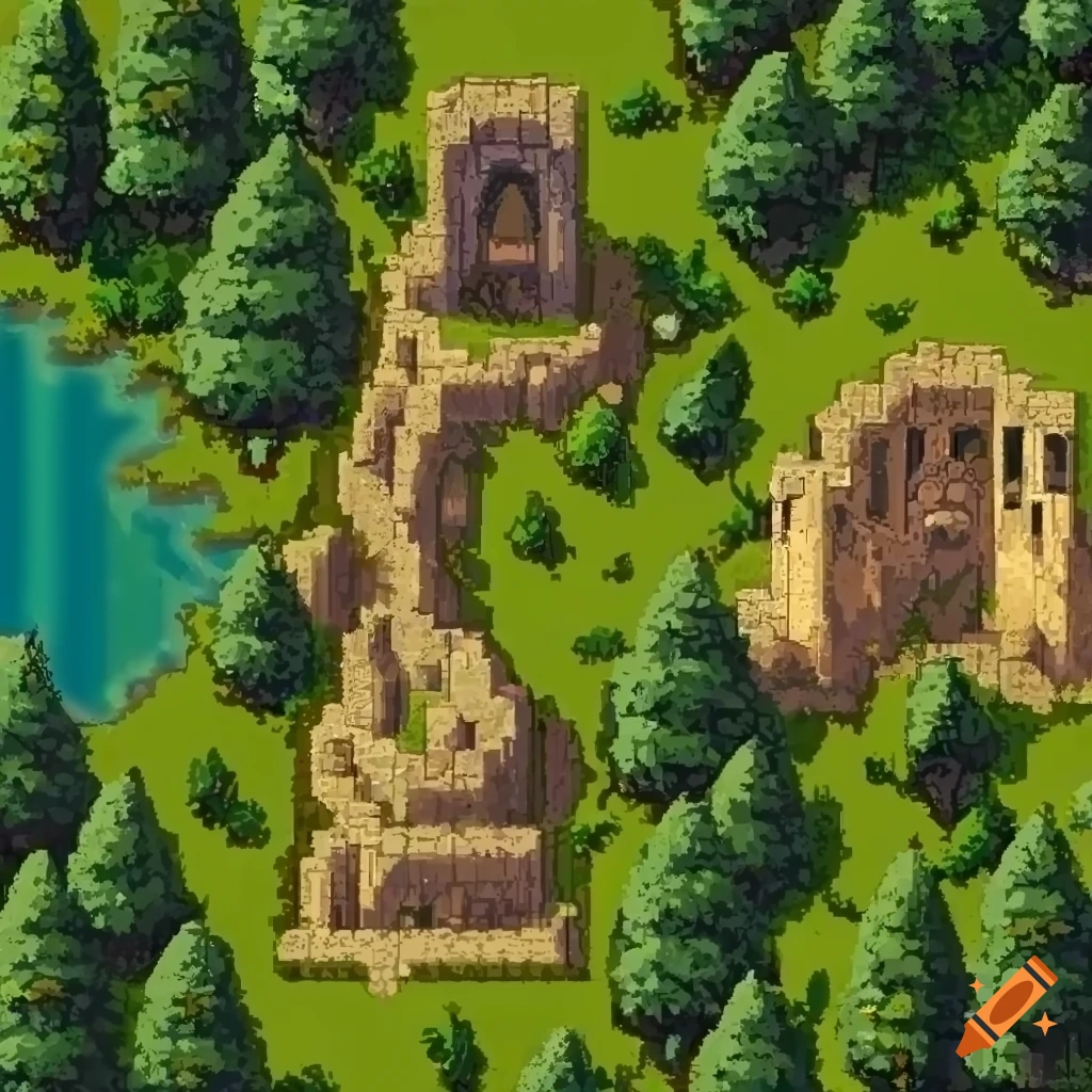 Top-down view of castle ruins by a lake with pine trees and large rocks ...