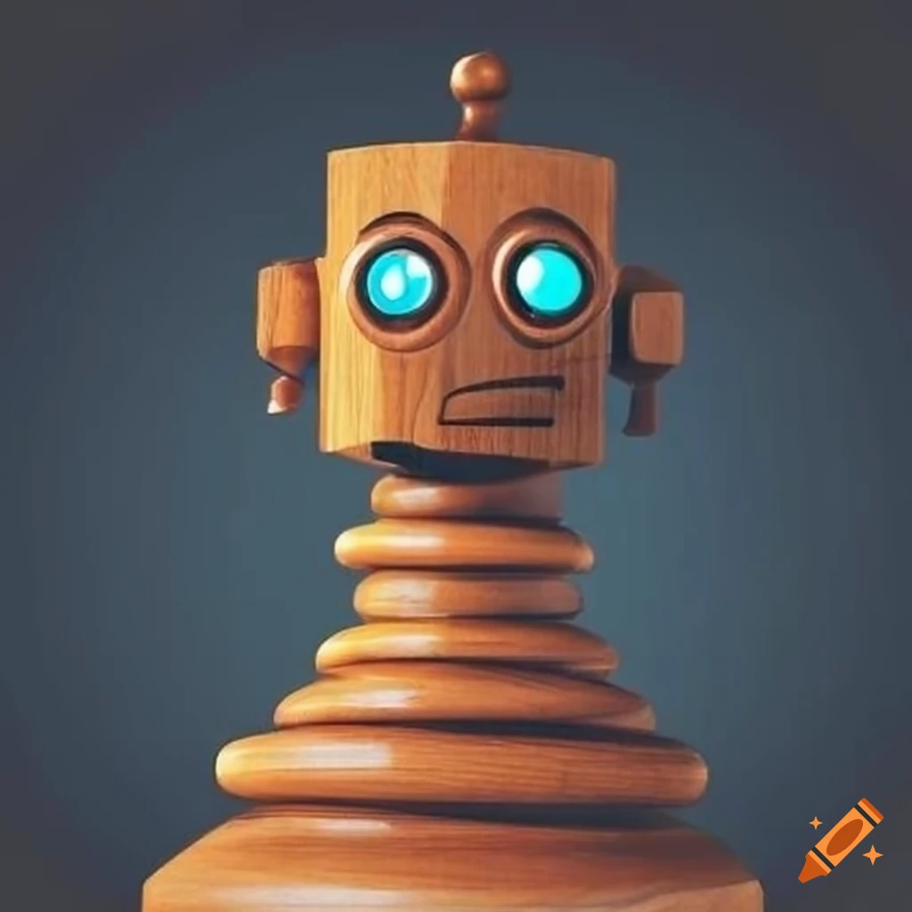 Unique wooden-style chess piece robot on Craiyon