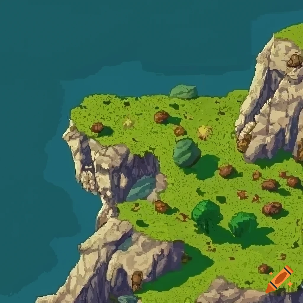 Top-down view of a sunny field by a cliff with crystal clear water and large rocks, rpg maker ...